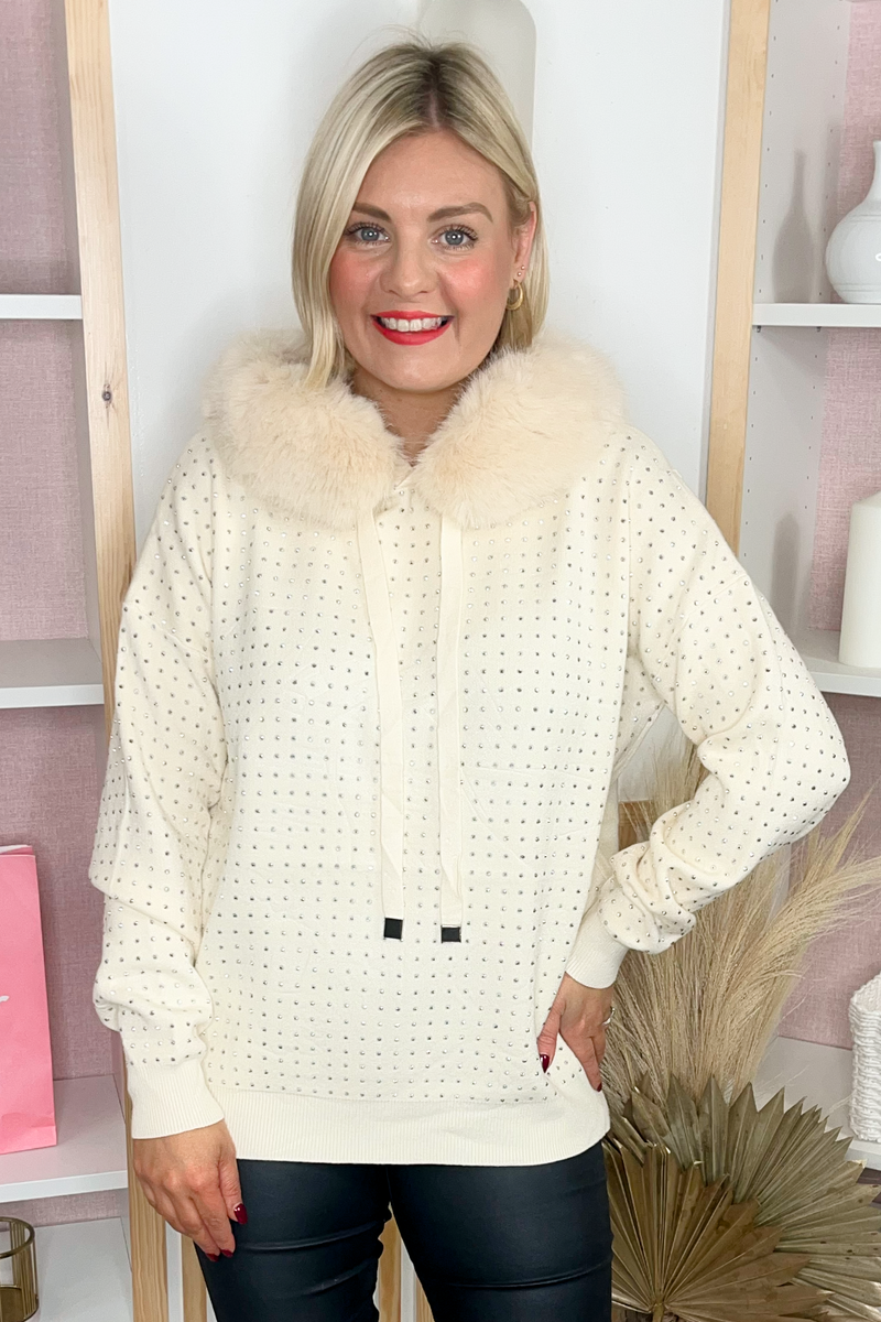 Addy Faux Fur Hooded Jumper (Cream) | The Dresser Boutique Banbridge ...